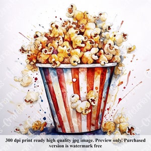 32 Watercolor Popcorn Clipart Images With Commercial License - Hand ...