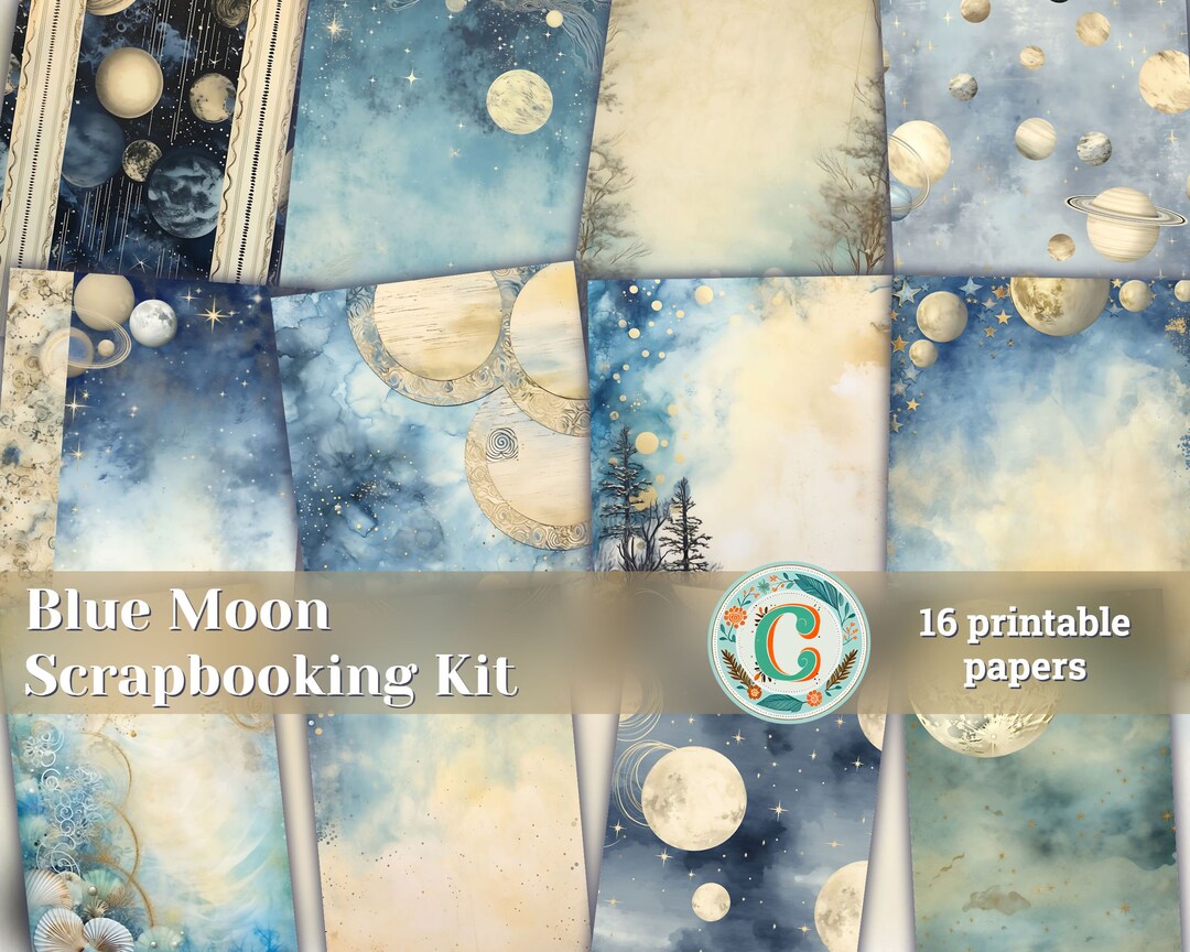 Blue Moon Stars and Planets Scrapbooking Papers Junk Journal Background ...