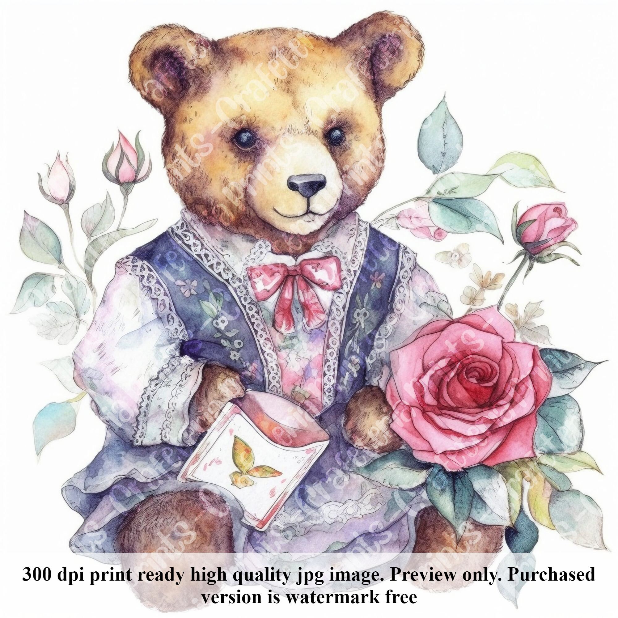 Victorian Teddy Bear Watercolor Clipart Images With Commercial - Etsy