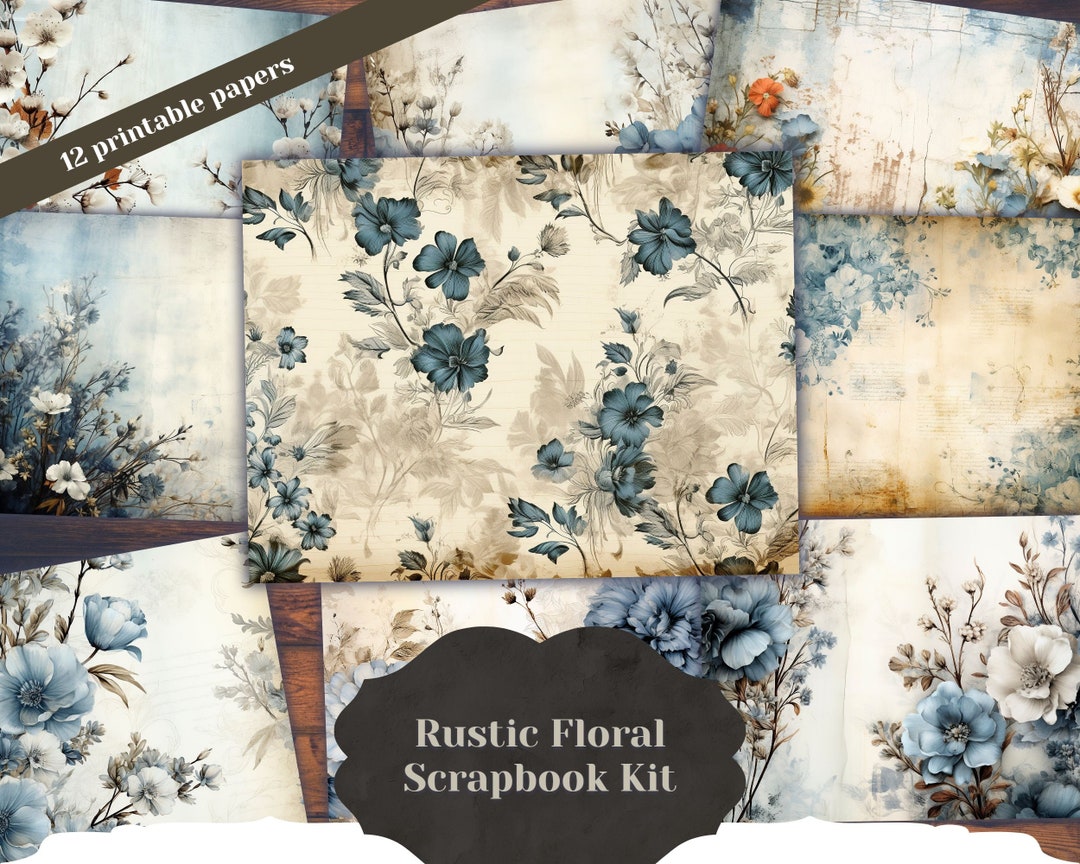 12 Pages of Rustic Soft Blue Floral Scrapbook Junk Journal Kit ...