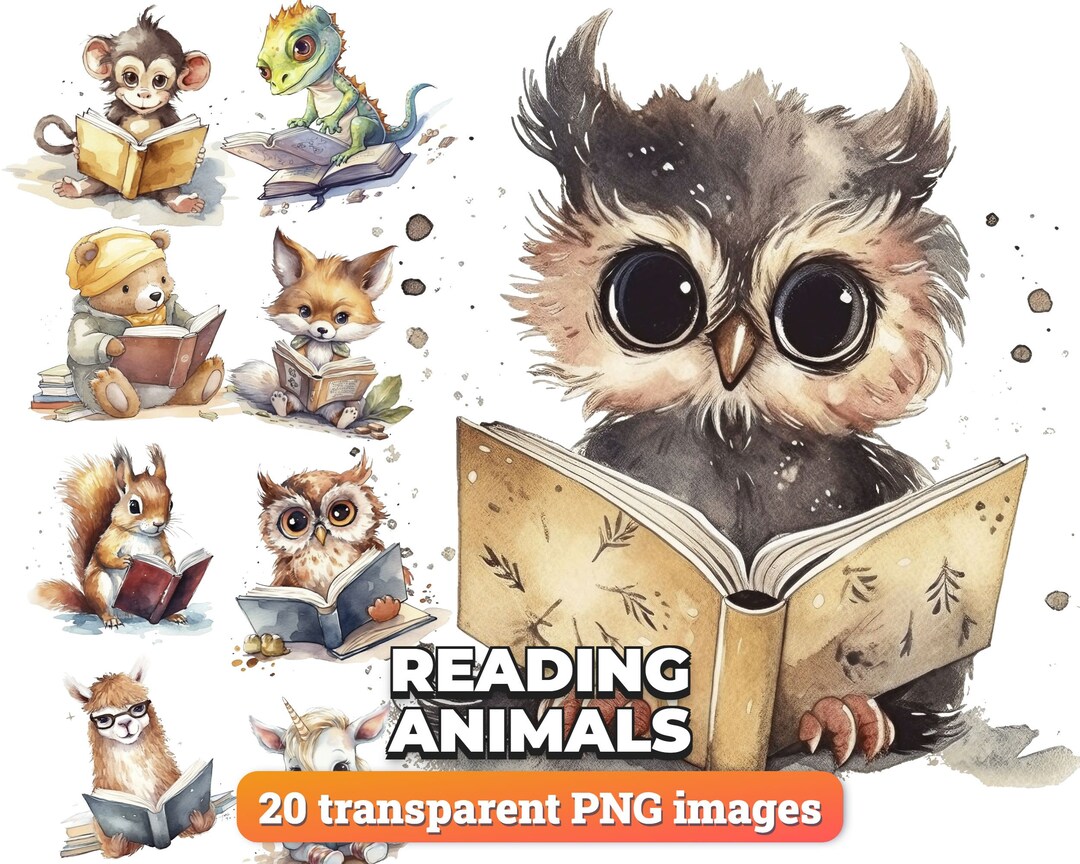 20 Watercolor PNG Illustrations of Reading Animals Commercial License ...