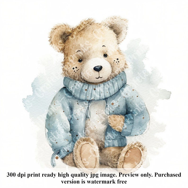 Watercolor Clipart Cute Teddy Bear in Blue Sweater 16 JPG - Etsy