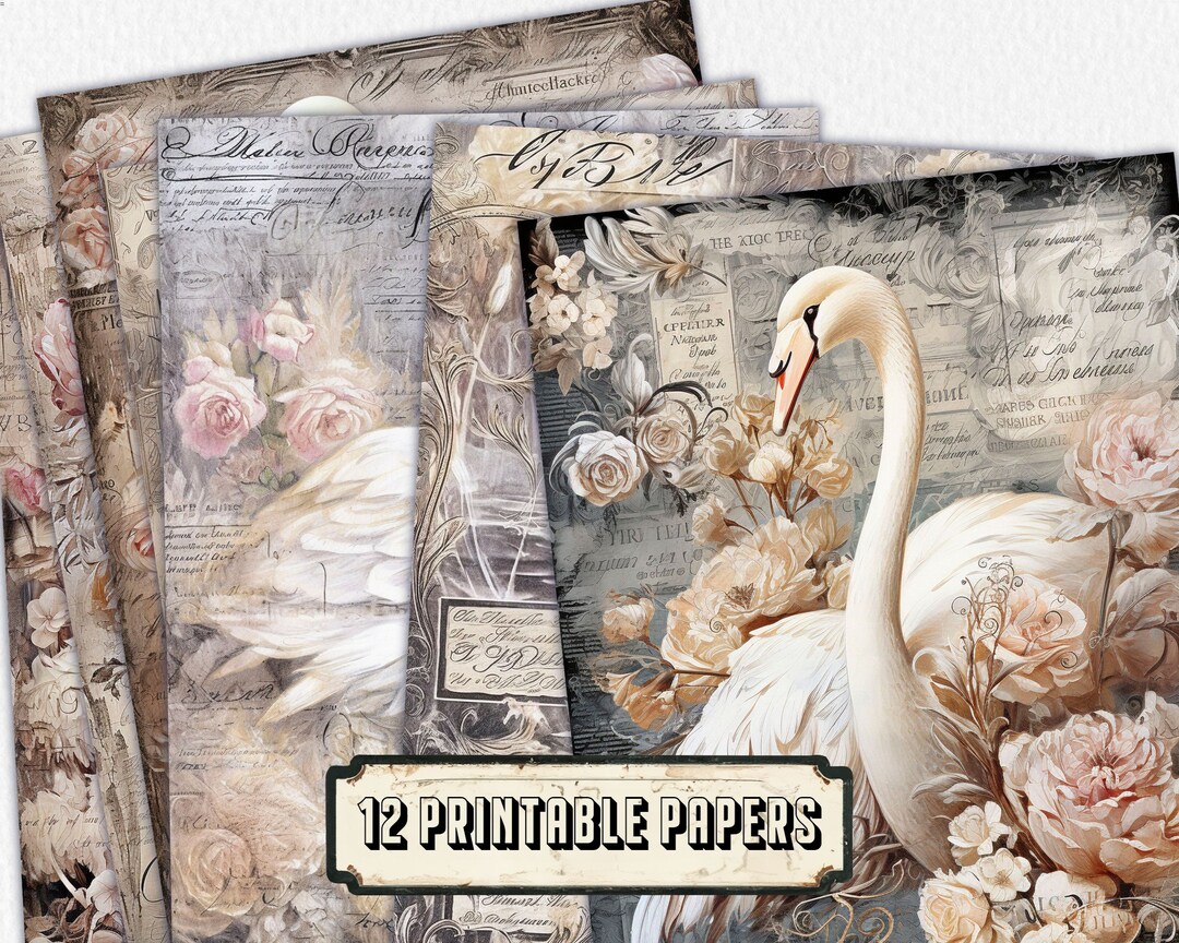 12 Vintage Swan Journal Pages, Junk Journal Kit, Basic Papers ...