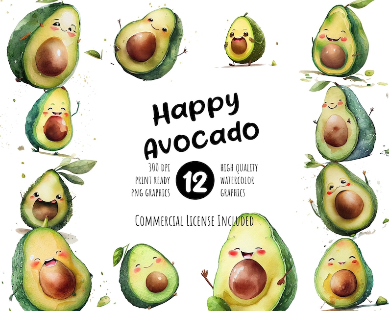 Happy Avocado Watercolor Clipart Set Cute & Whimsical DIY - Etsy