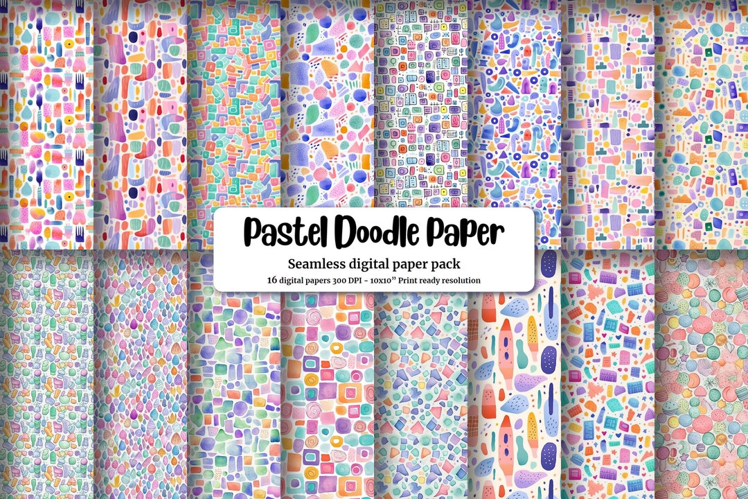 Pastel Doodle Pattern Paper, Seamless Watercolor Texture With Doodle ...
