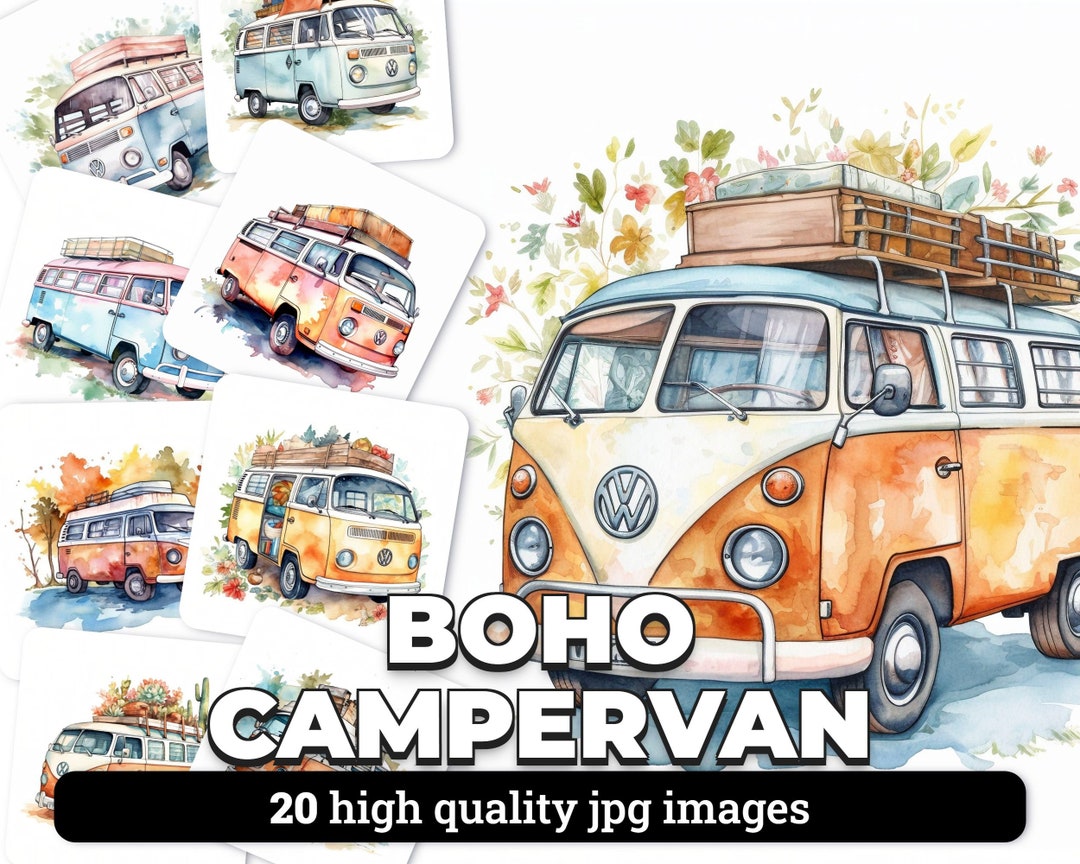 Boho Campervan Watercolor Clipart - 20 Simple JPG Images for ...