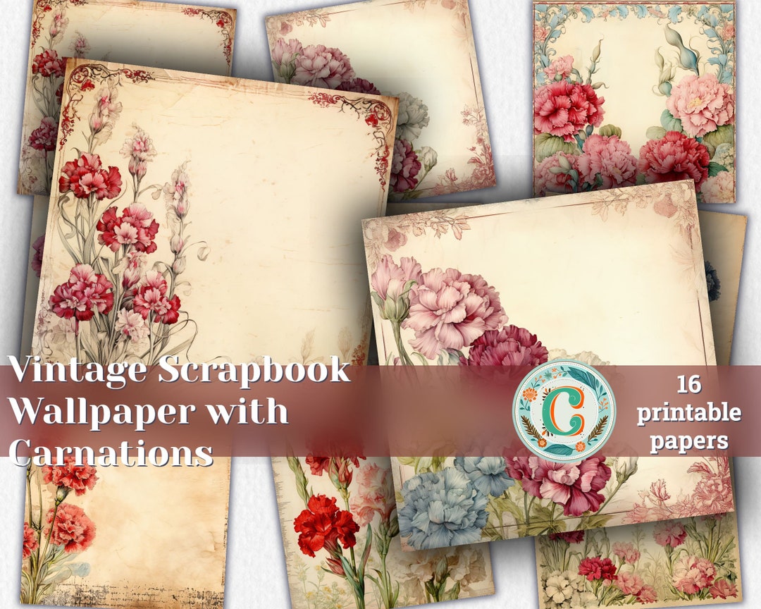 Vintage Scrapbook Wallpaper With Line Page, Beautiful Carnations ...