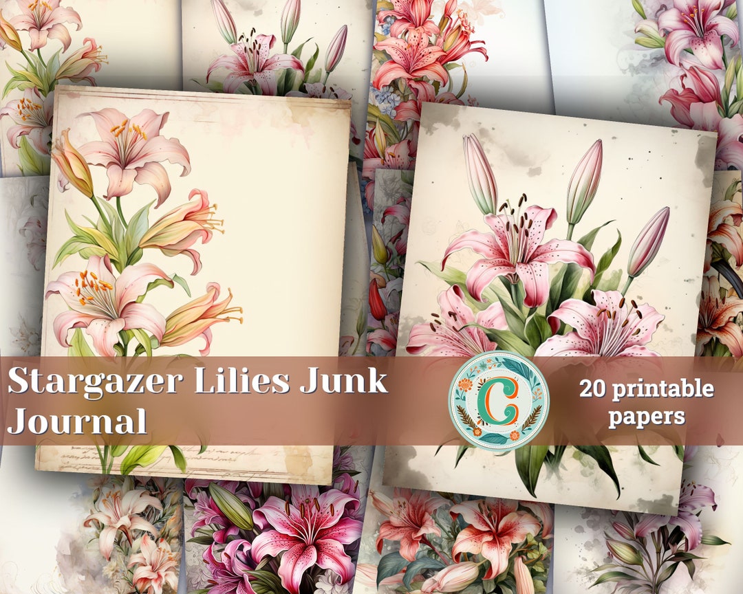 Vintage Scrapbook Paper Set - Stargazer Lilies Watercolor Border - Hand ...