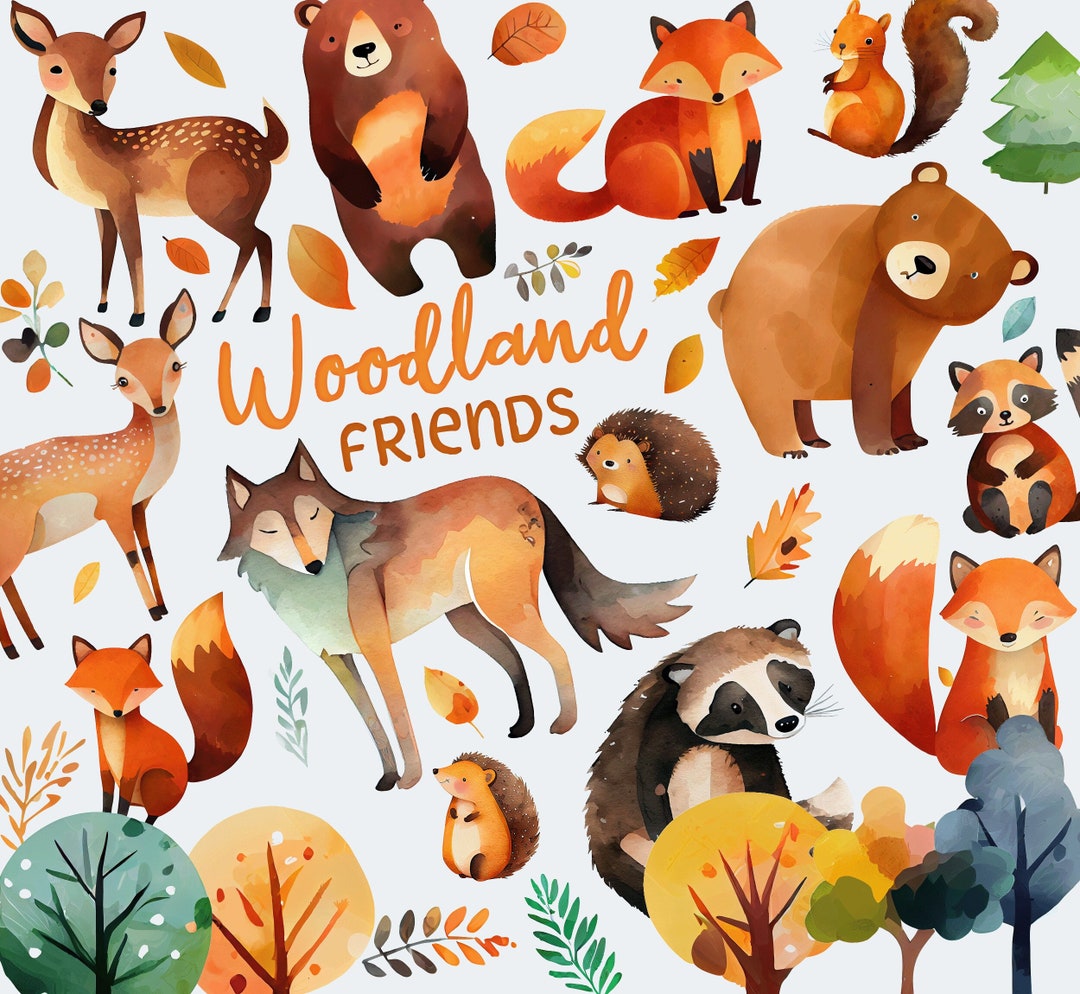 Woodland Friends Little Animals Clip Art, Fox, Bear, Deer, Raccoon ...