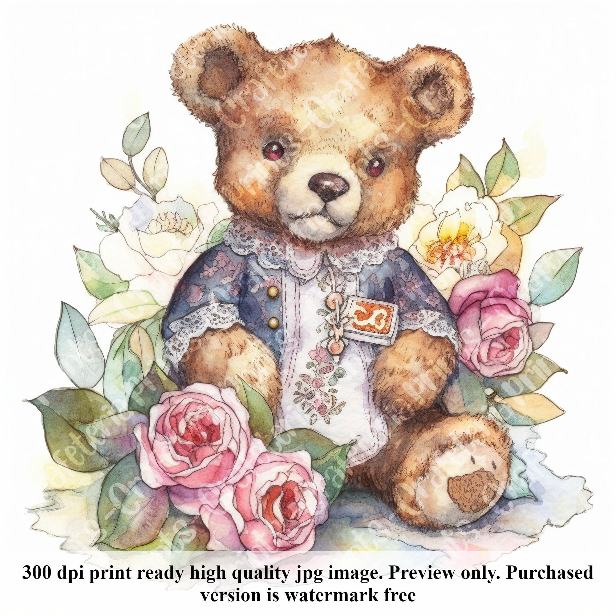 Victorian Teddy Bear Watercolor Clipart Images With Commercial - Etsy