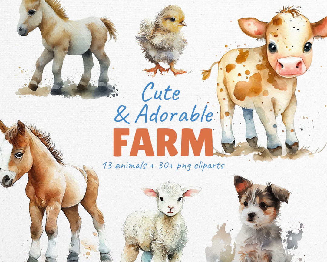 Cute Farm | Watercolor Country Clipart, Horse, Cow, Chicken, Goose, Fun ...