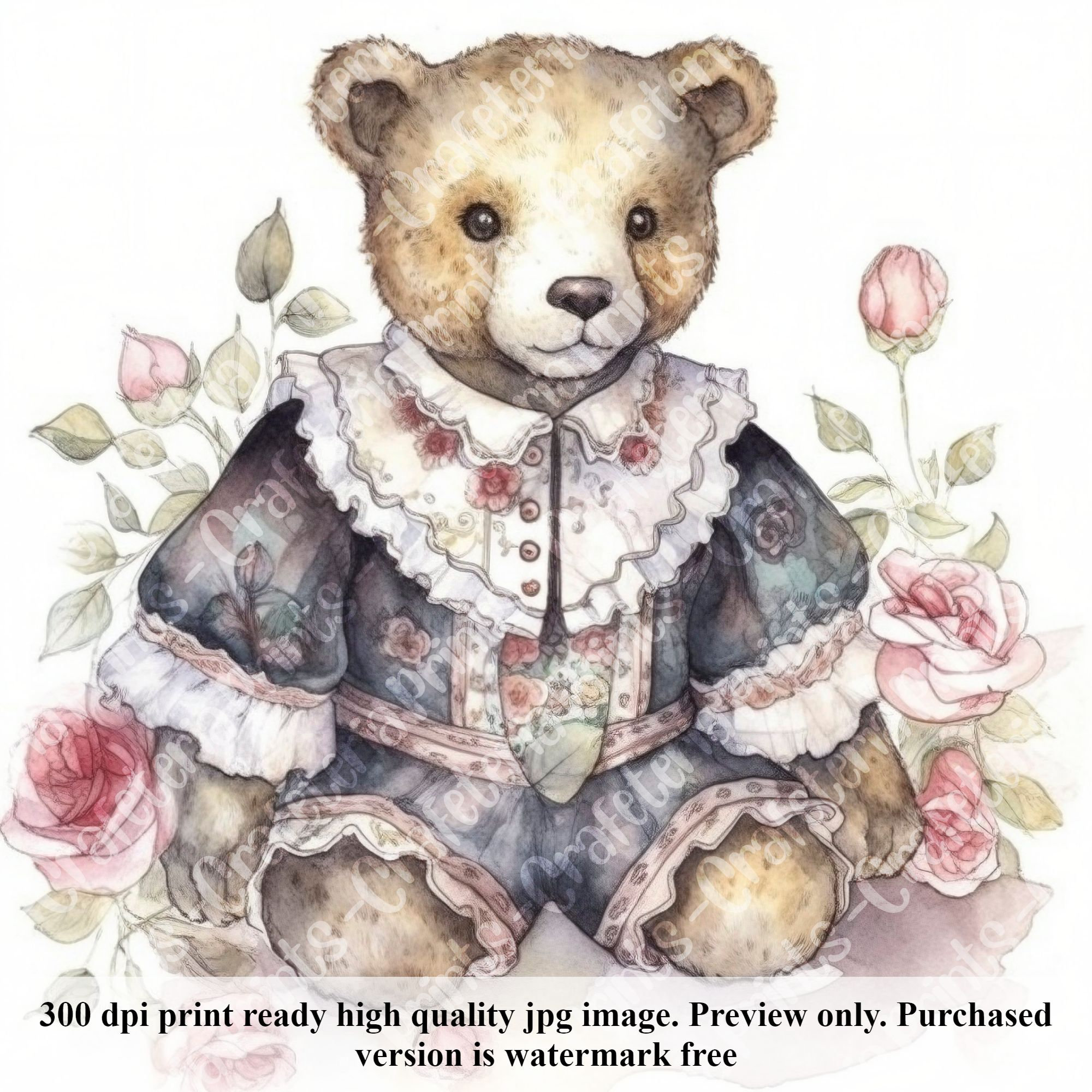 Victorian Teddy Bear Watercolor Clipart Images With Commercial - Etsy