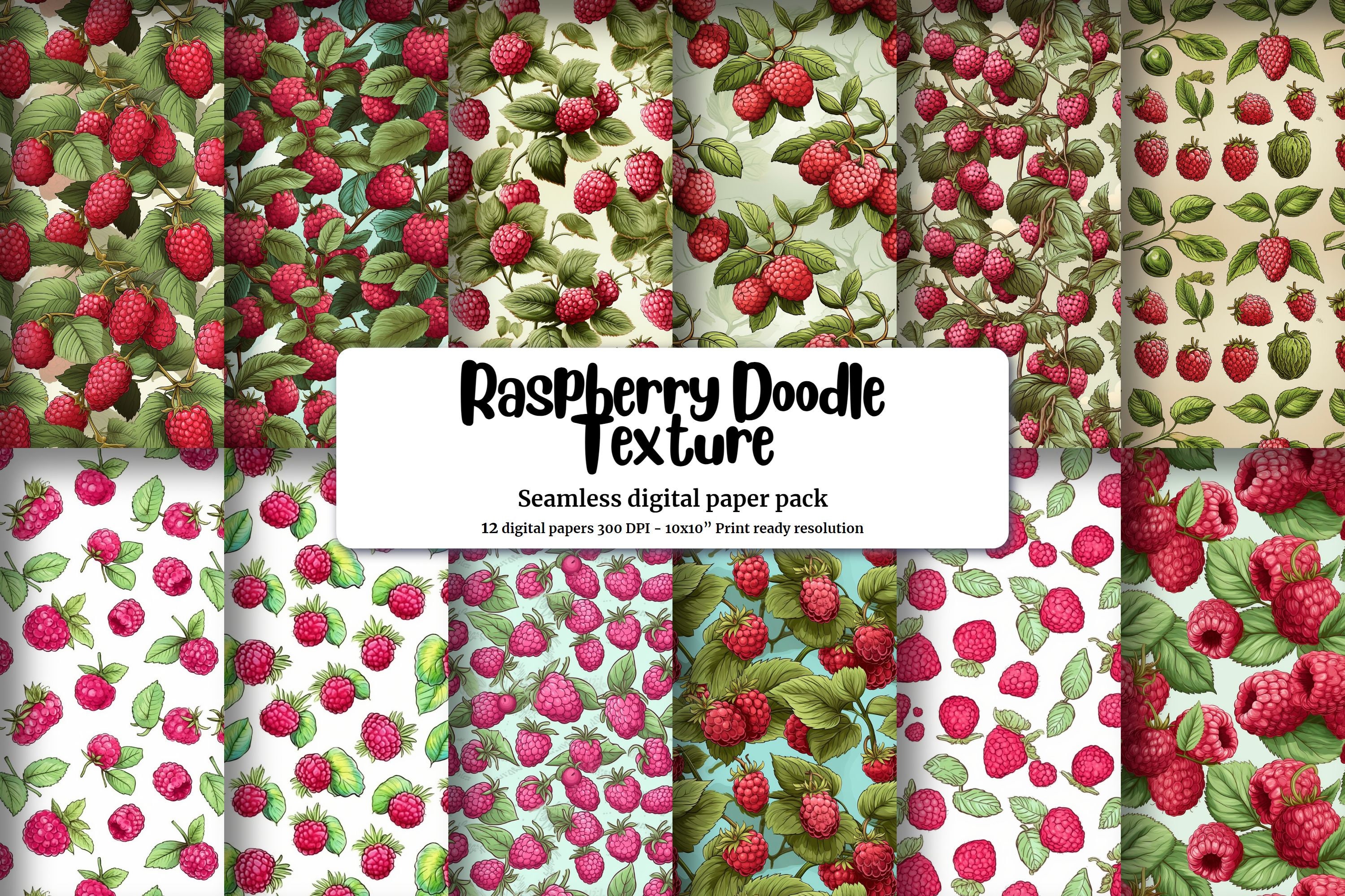 Watercolor Raspberry Clipart, Seamless Texture, Doodle Style, Cute ...