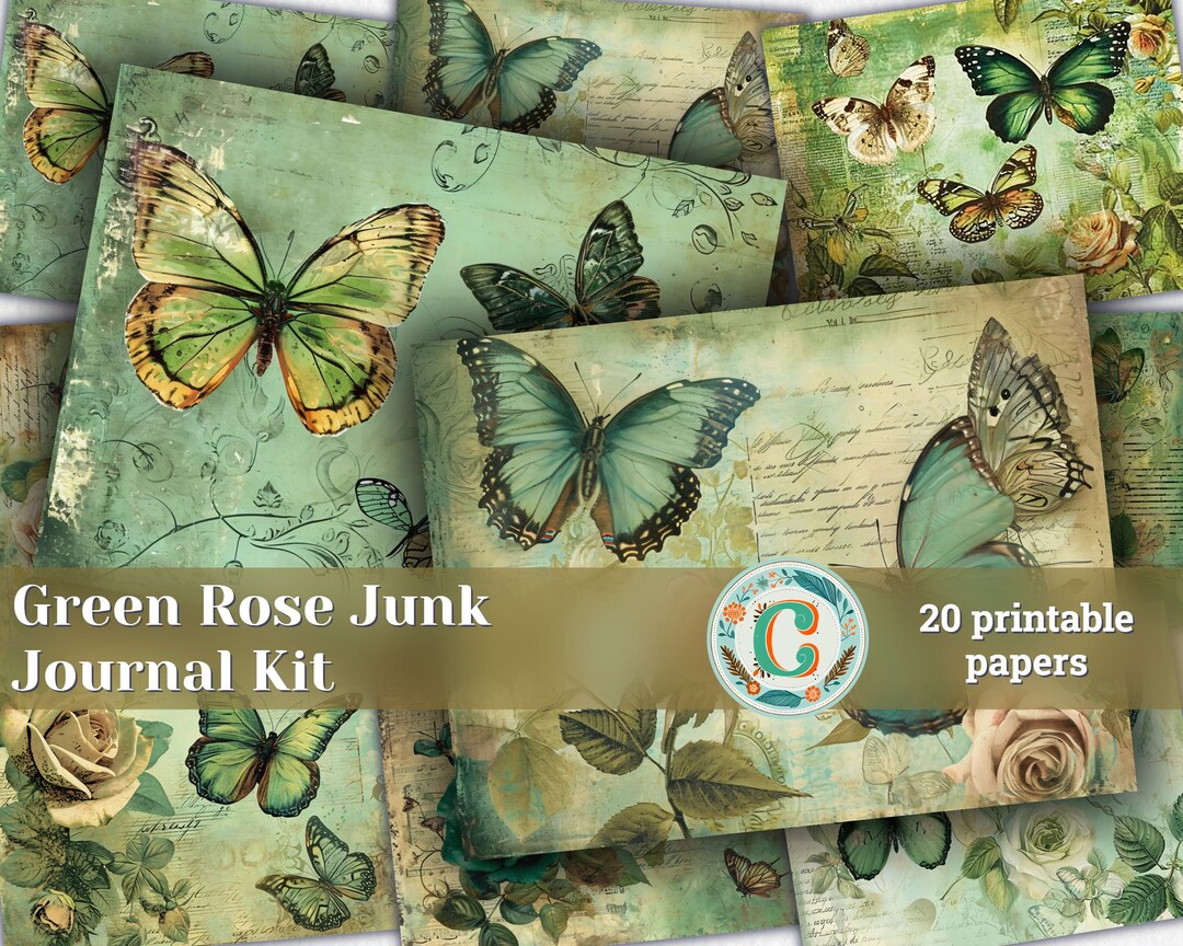 Green Rose Butterflies Scrapbooking Kit | Printable Pages | Shabby Chic ...