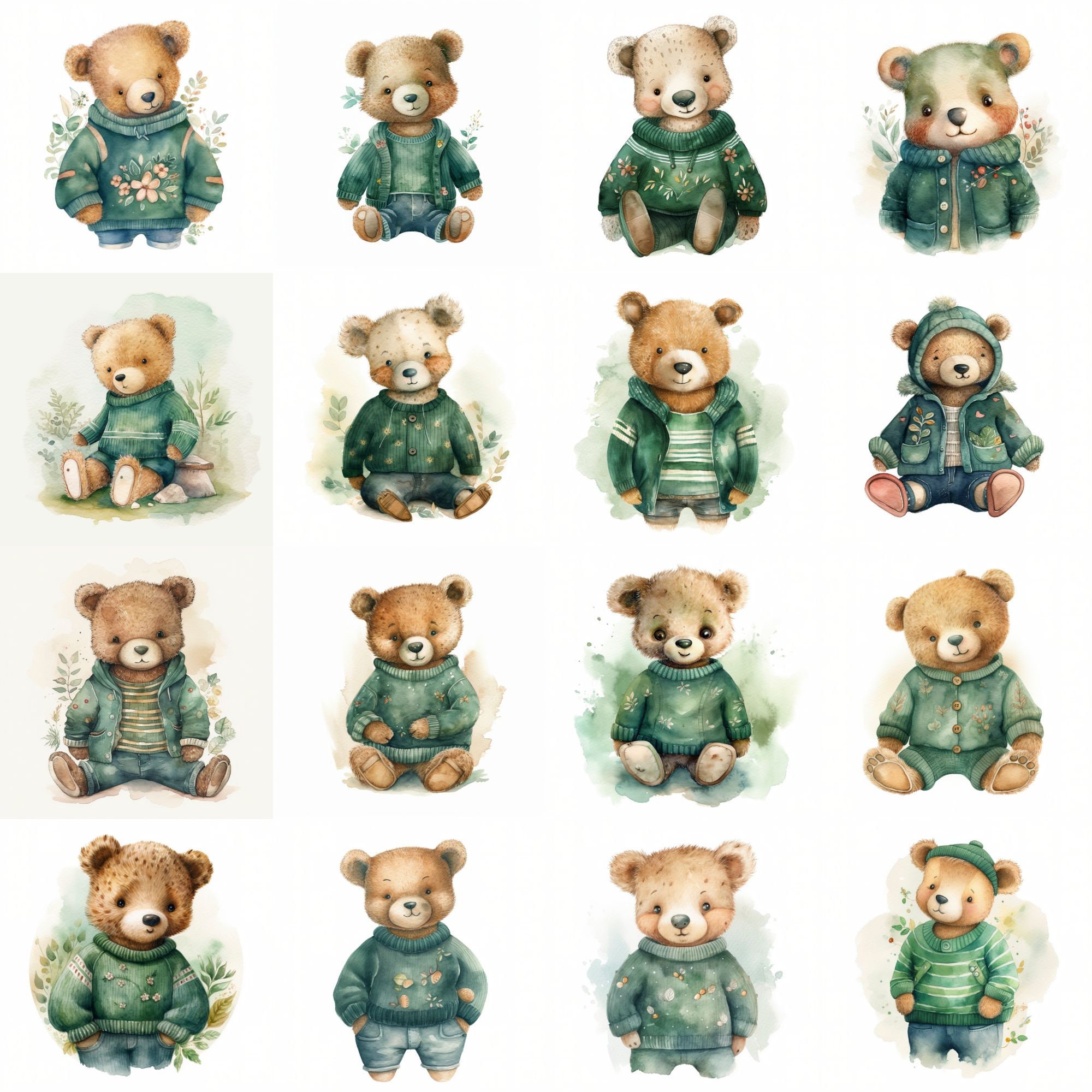 Watercolor Cute Teddy Bear Clipart in Green Sweater 16 JPG - Etsy