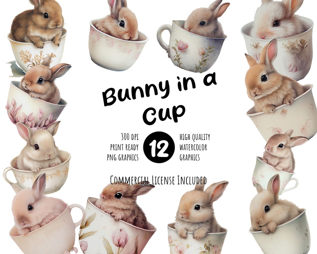 Whimsical Bunny in a Cup Watercolor Clipart Set | Cute Animals for DIY ...