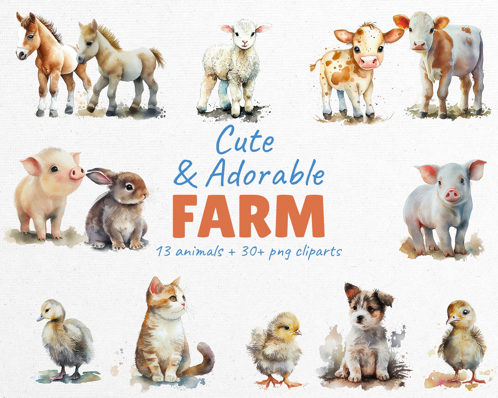 Cute Farm Watercolor Country Clipart Horse Cow Chicken - Etsy