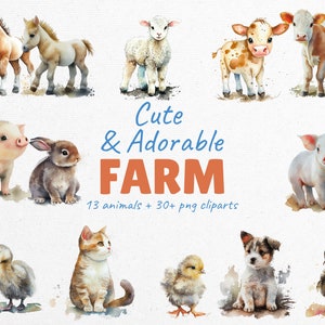 Cute Farm | Watercolor Country Clipart, Horse, Cow, Chicken, Goose, Fun ...