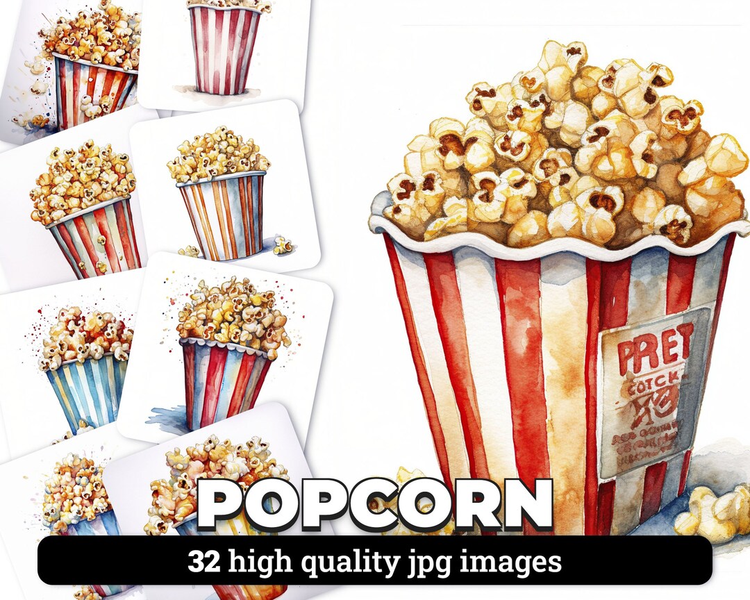 32 Watercolor Popcorn Clipart Images With Commercial License - Hand ...