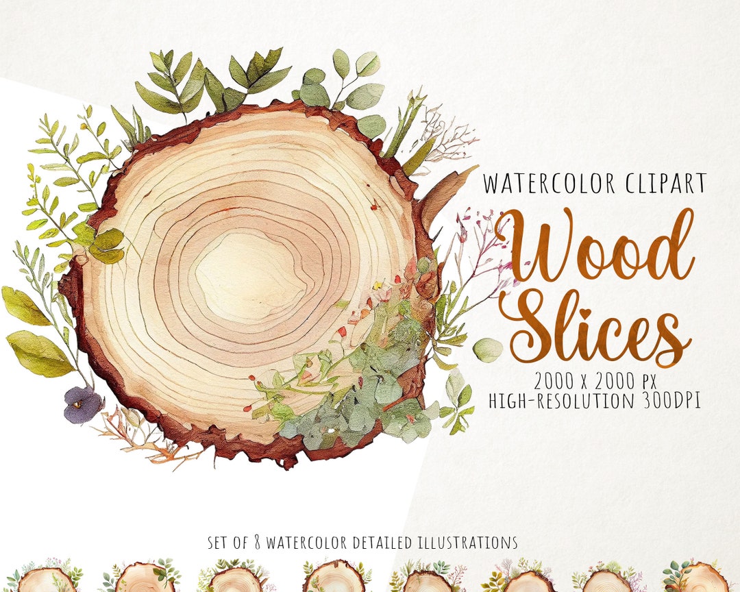 Wood Slice Design, Rustic Wood Slice Clipart, Watercolor Wood Slice ...