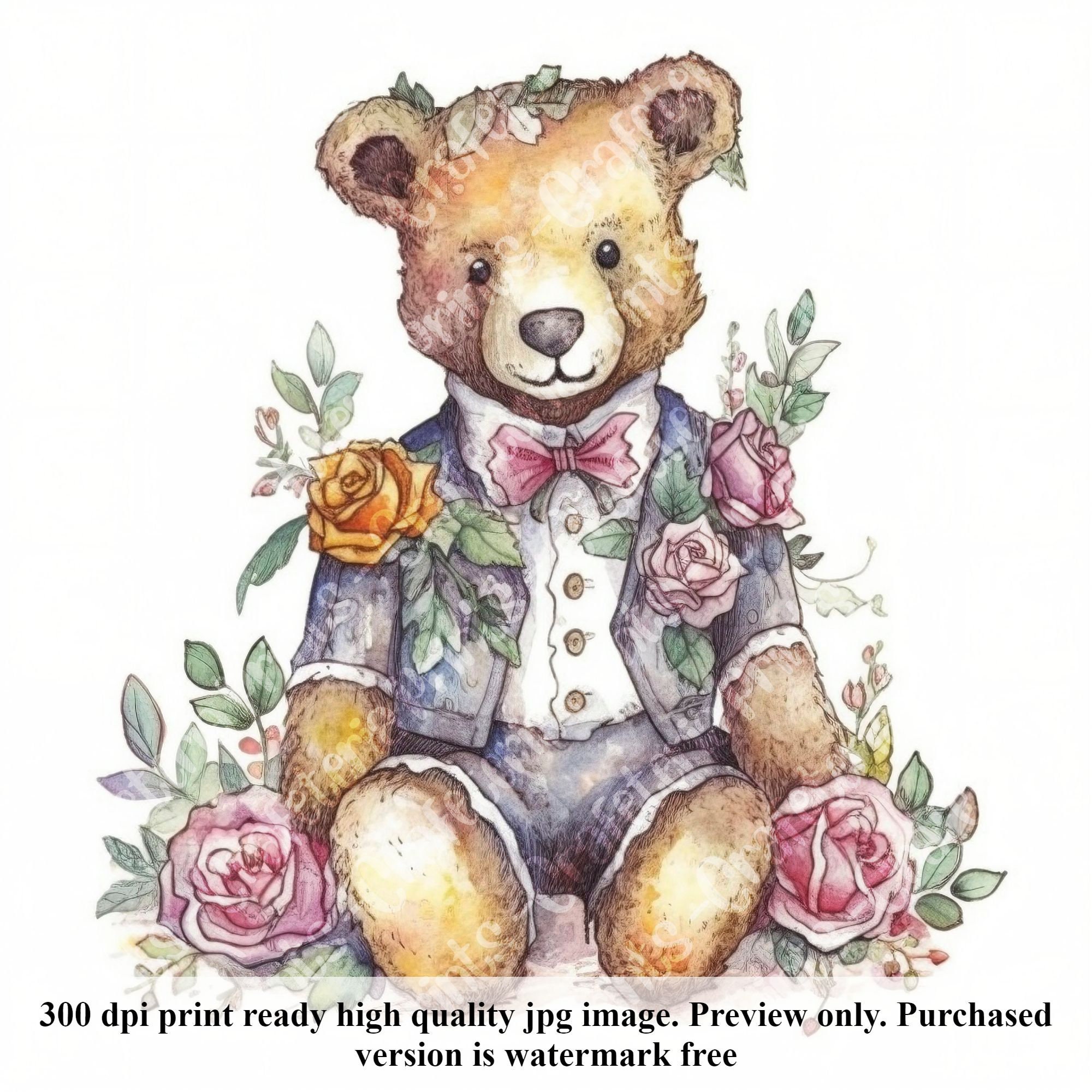 Victorian Teddy Bear Watercolor Clipart Images With Commercial - Etsy