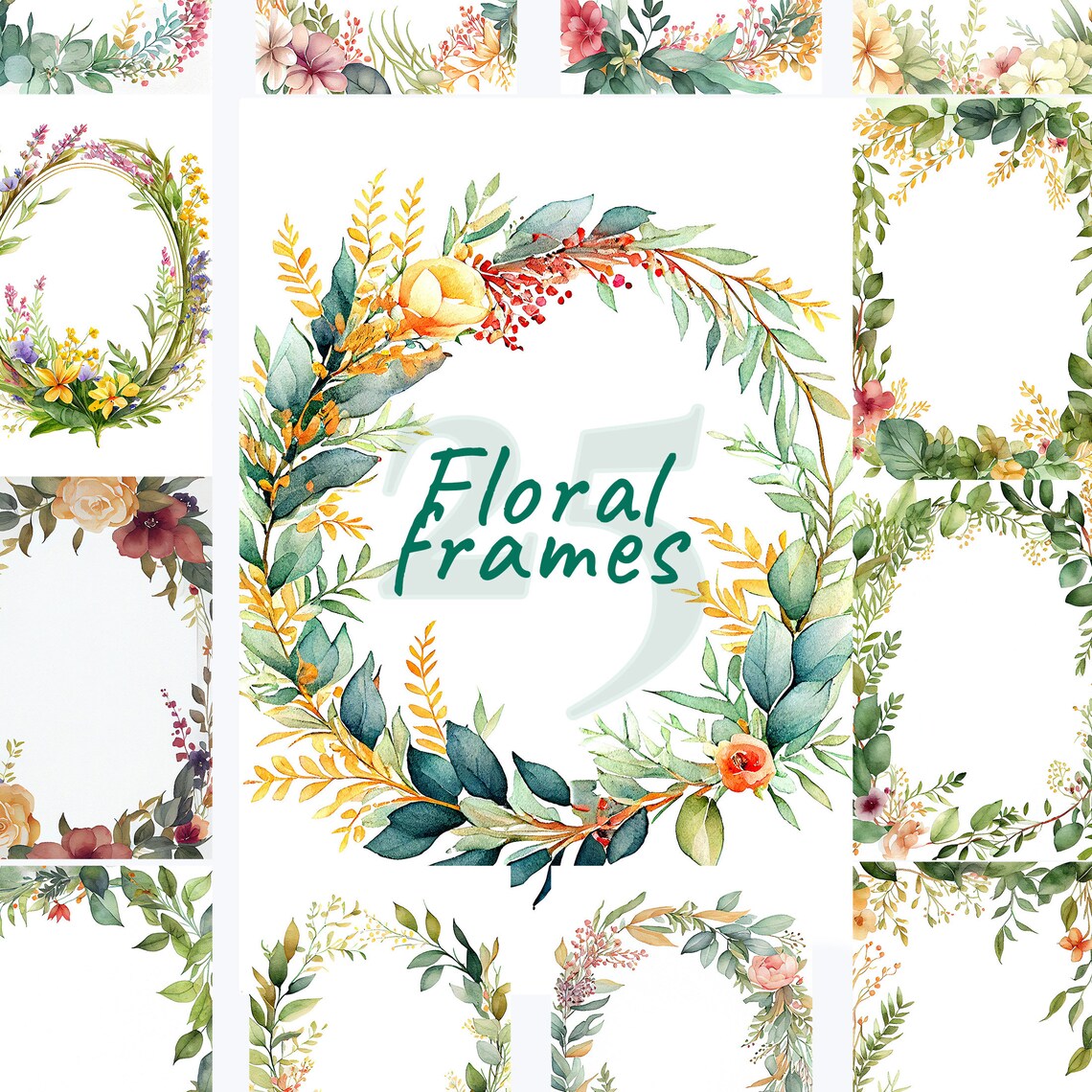 Watercolor Floral Frame Digital Clipart Individual Files - Etsy