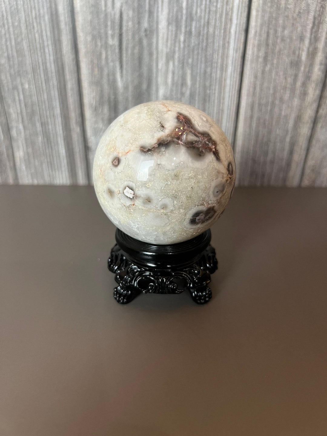 White Flower Agate Sphere With Black Inclusions | Natural Crystal ...