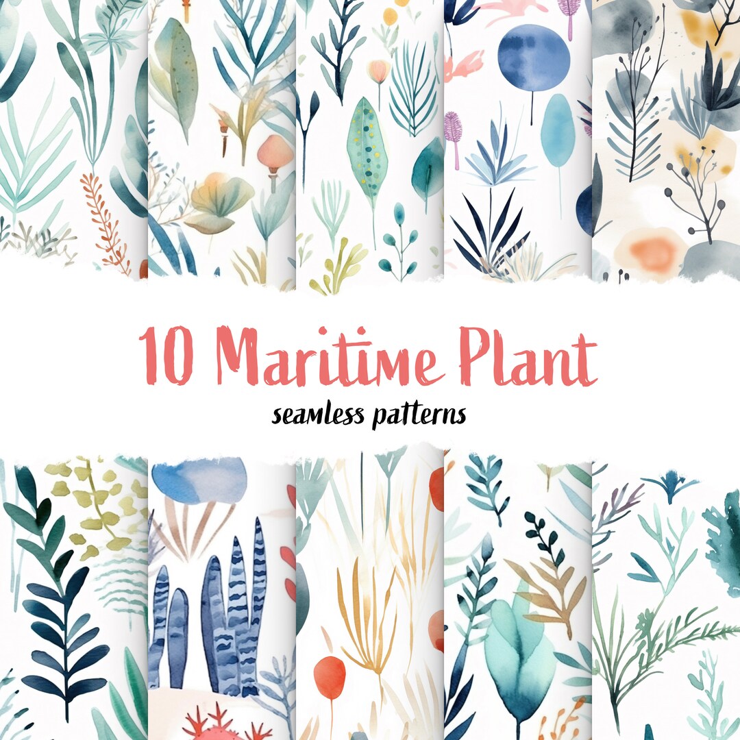 Nautical Seamless Patterns - Watercolor Maritime Plants - 10 Coastal ...