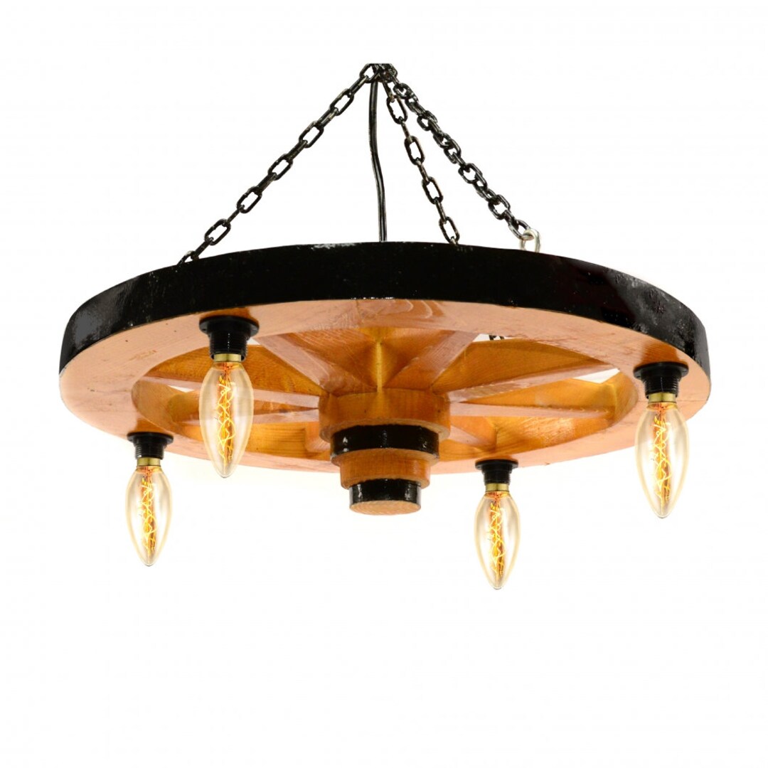 Wooden Rustic Chandelier Wagon Wheel Ceiling Light Fixture 4 Lights ...