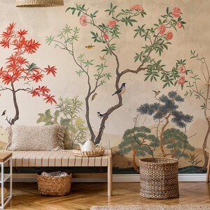 Chinoiserie Wallpaper Mural Peel and Stick, Tree Bird Wallpaper, Spring ...
