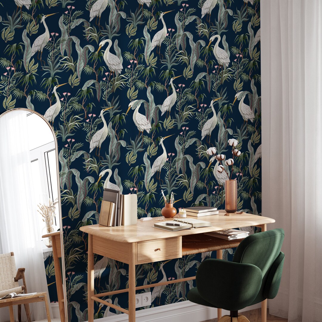 Heron Wallpaper Peel and Stick | Chinoiserie Bird Wallpaper Botanical | Heron Print Wallpaper ...