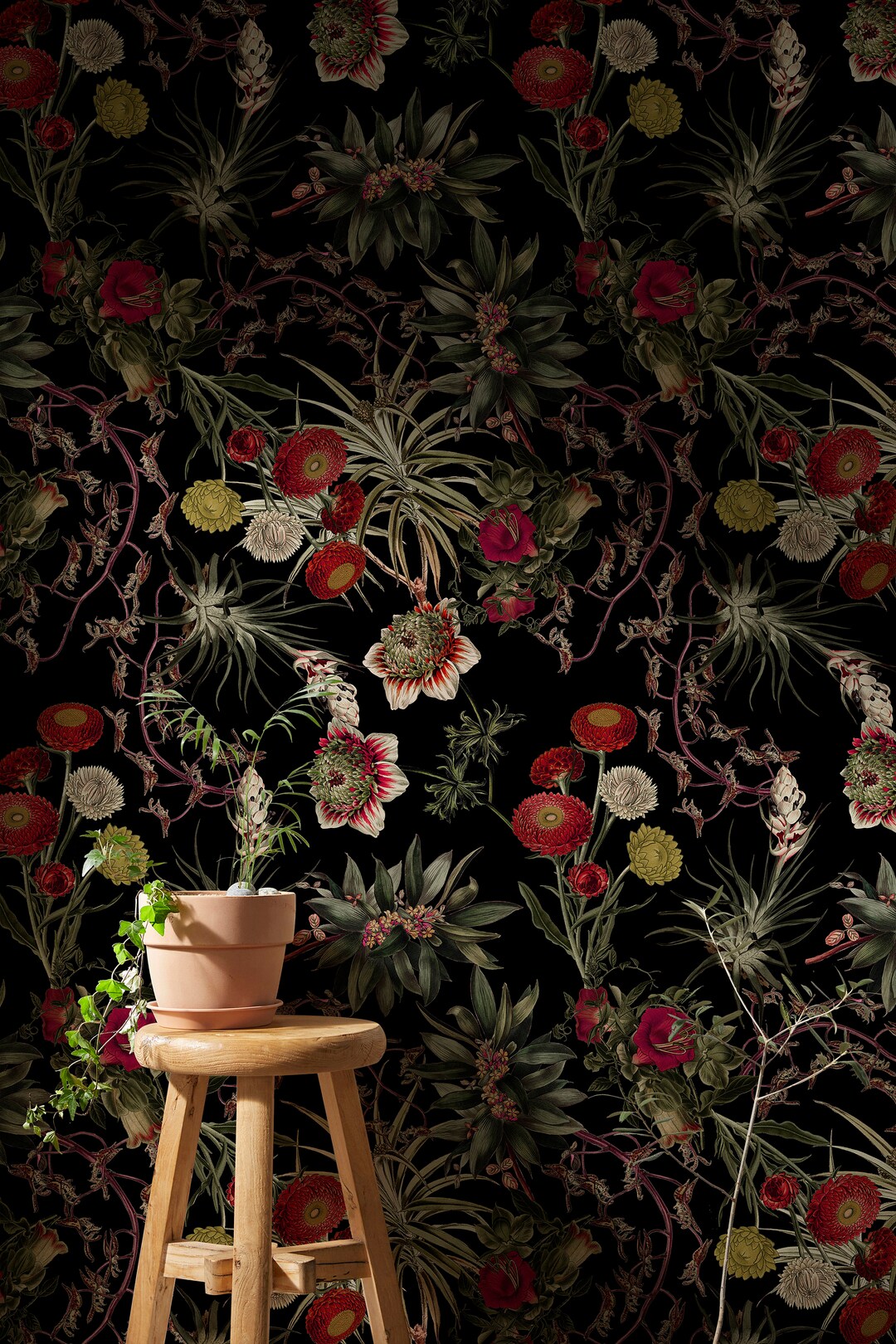 Dark Botanical Peel And Stick Wallpaper Floral Mural Wallpaper Peel And