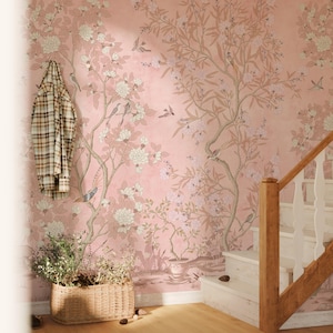 Pink Chinoiserie Wallpaper Mural, Chinese Bird and Floral Wallpaper ...