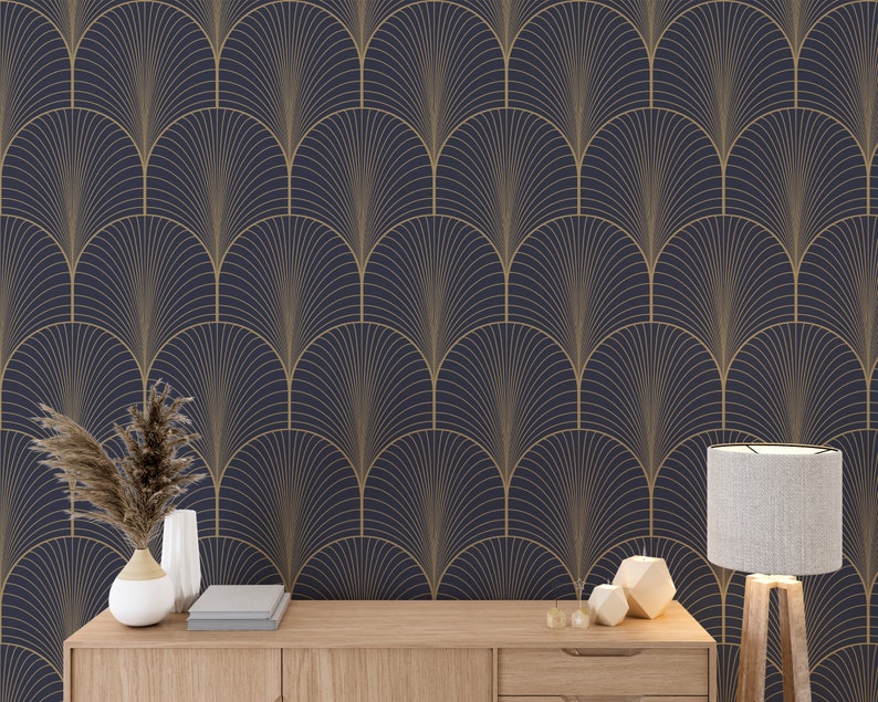 Navy Gold Wallpaper Art Deco Wallpaper Blue and Gold Navy - Etsy UK