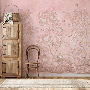 Pink Chinoiserie Wallpaper Mural, Chinese Bird and Floral Wallpaper ...