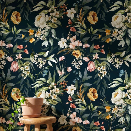 Navy Blush Wallpaper Watercolor Peony Wallpaper Blush - Etsy