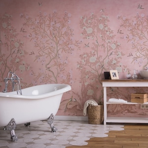 Pink Chinoiserie Wallpaper Mural, Chinese Bird and Floral Wallpaper ...
