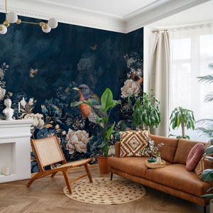 Gold and Navy Floral Wallpaper With Birds | Vintage Dark Large Peony ...
