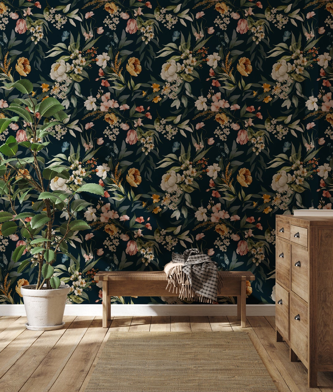 Navy Blush Wallpaper | Watercolor Peony Wallpaper | Blush Floral ...