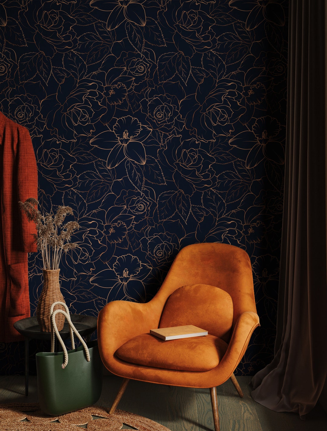 Navy Floral Wallpaper Drawn Peony Flowers Wallpaper navy - Etsy