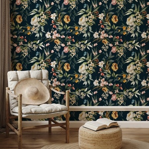 Navy Blush Wallpaper | Watercolor Peony Wallpaper | Blush Floral ...