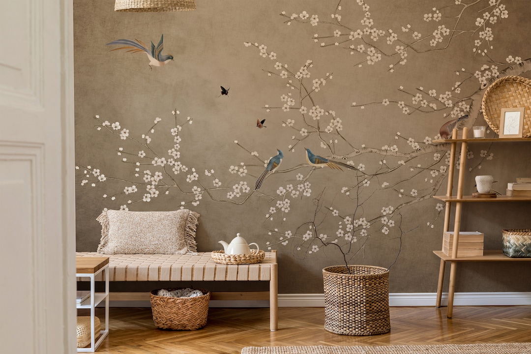 Vintage Chinoiserie Peel and Stick Wallpaper With Birds | Cherry ...