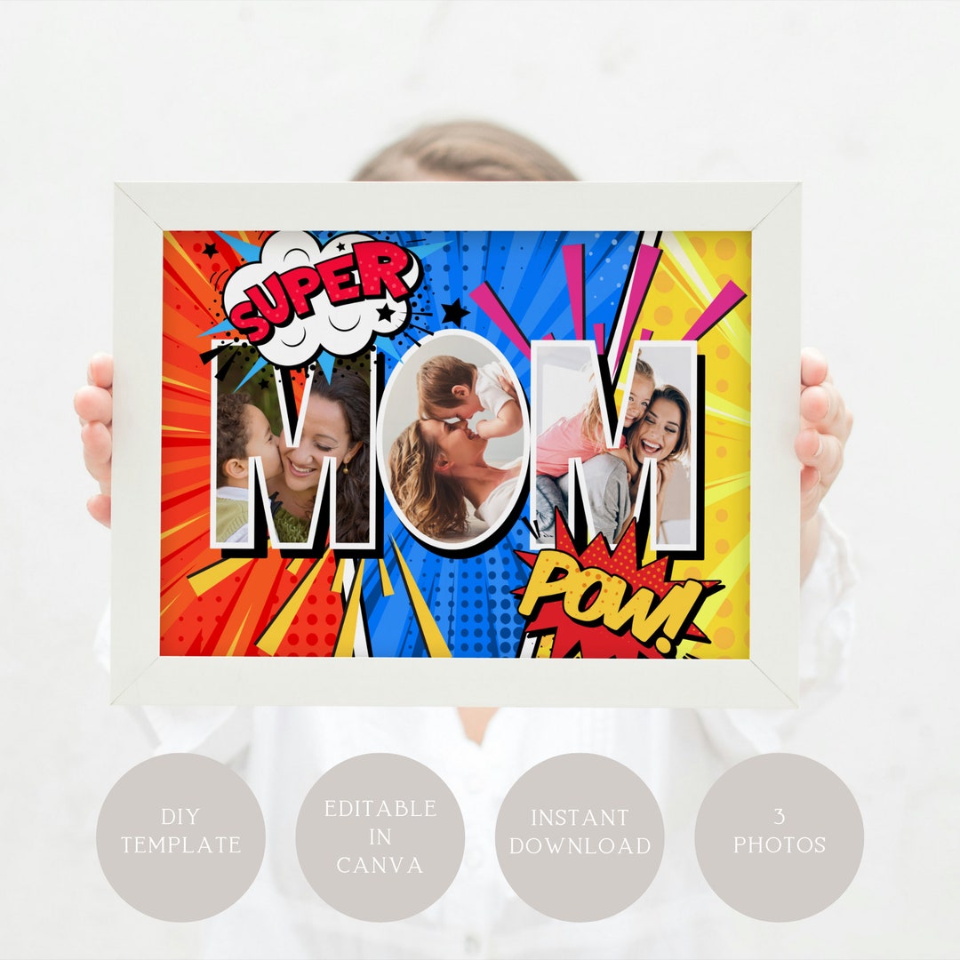 Editable Super MOM 3 Photo Collage Mother's Day & Birthday Gift in ...