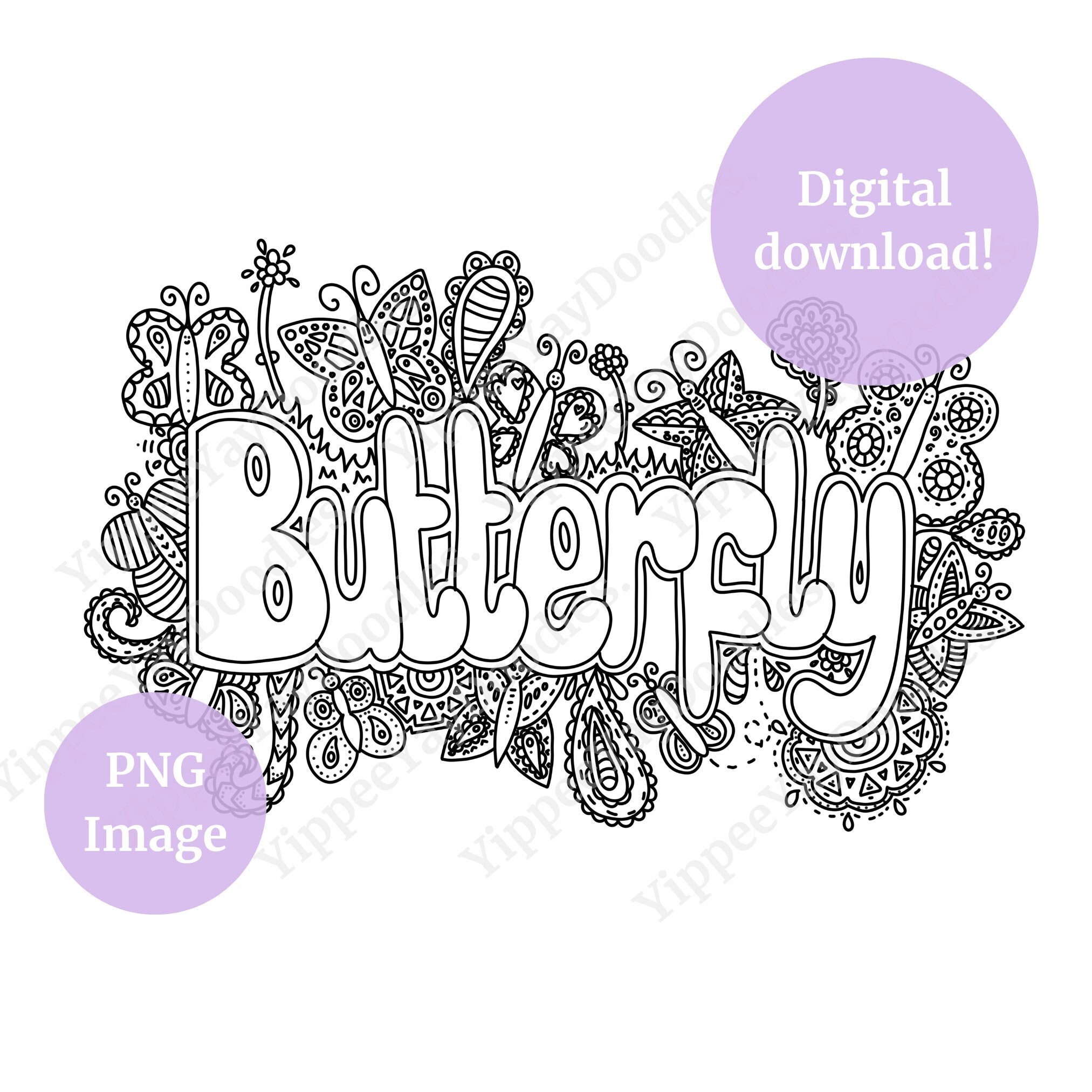 Butterfly Doodle PNG Digital Download (black and White), Butterfly Wall ...