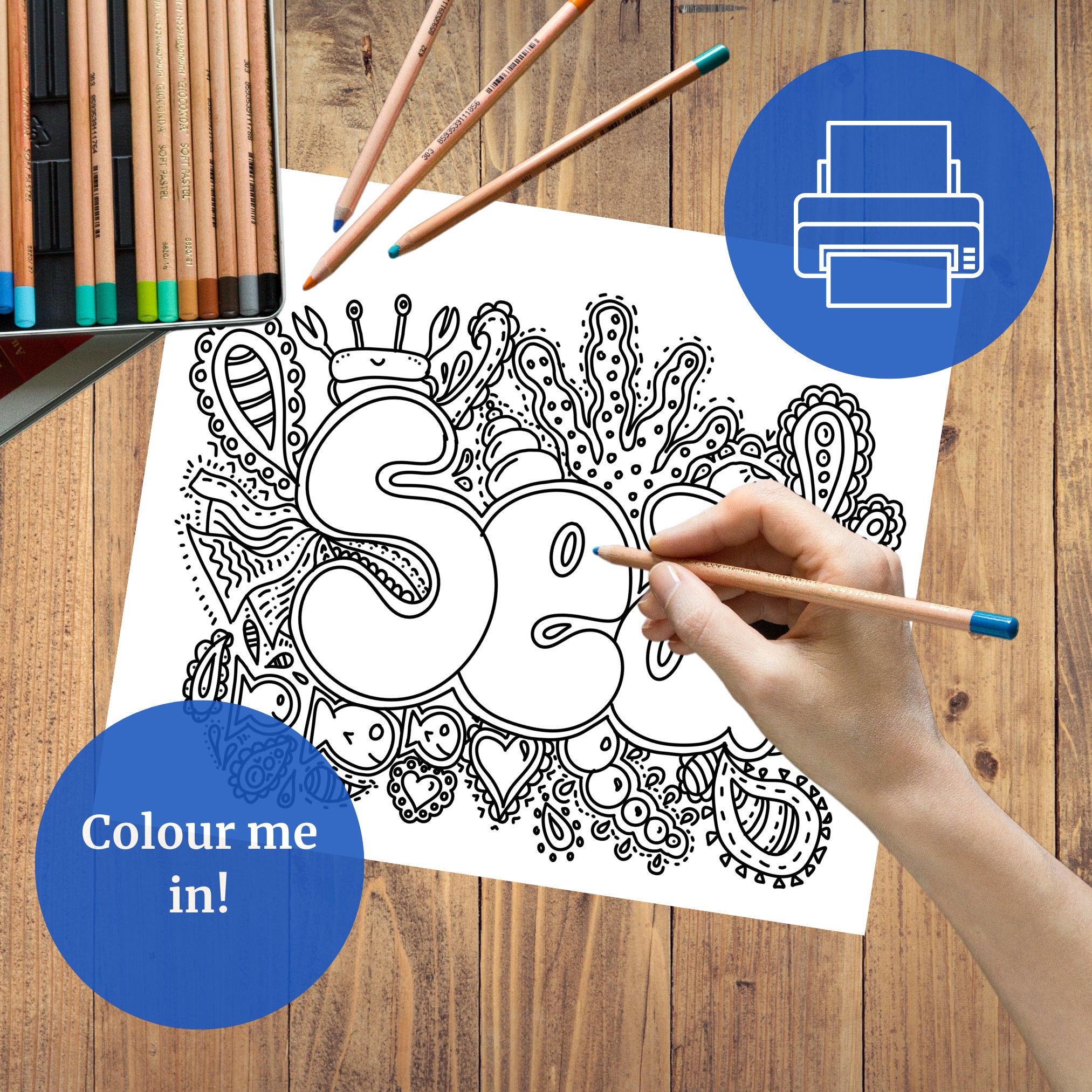Sea Doodle Bundle: 2 PNG Image Instant Digital Downloads 1 Coloured, 1 ...