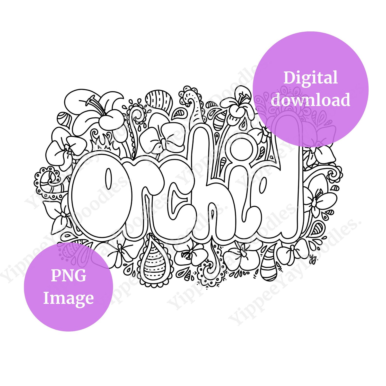 Orchid Doodle Black & White PNG Instant Digital Download, Orchid Card ...