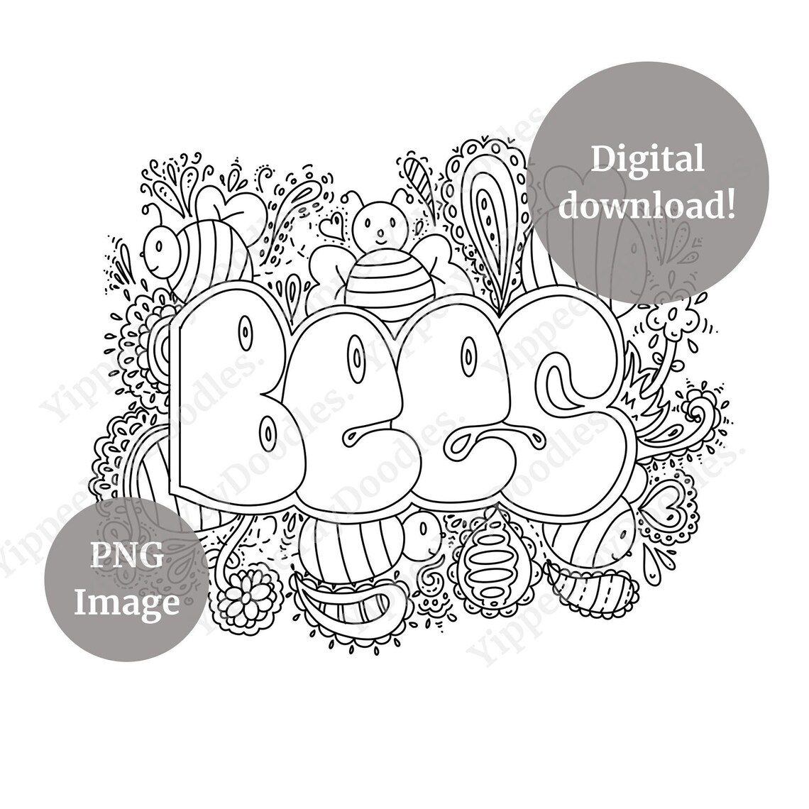 Bees Doodle Black & White PNG Digital Download, Bee Wall Art, Bees Card ...