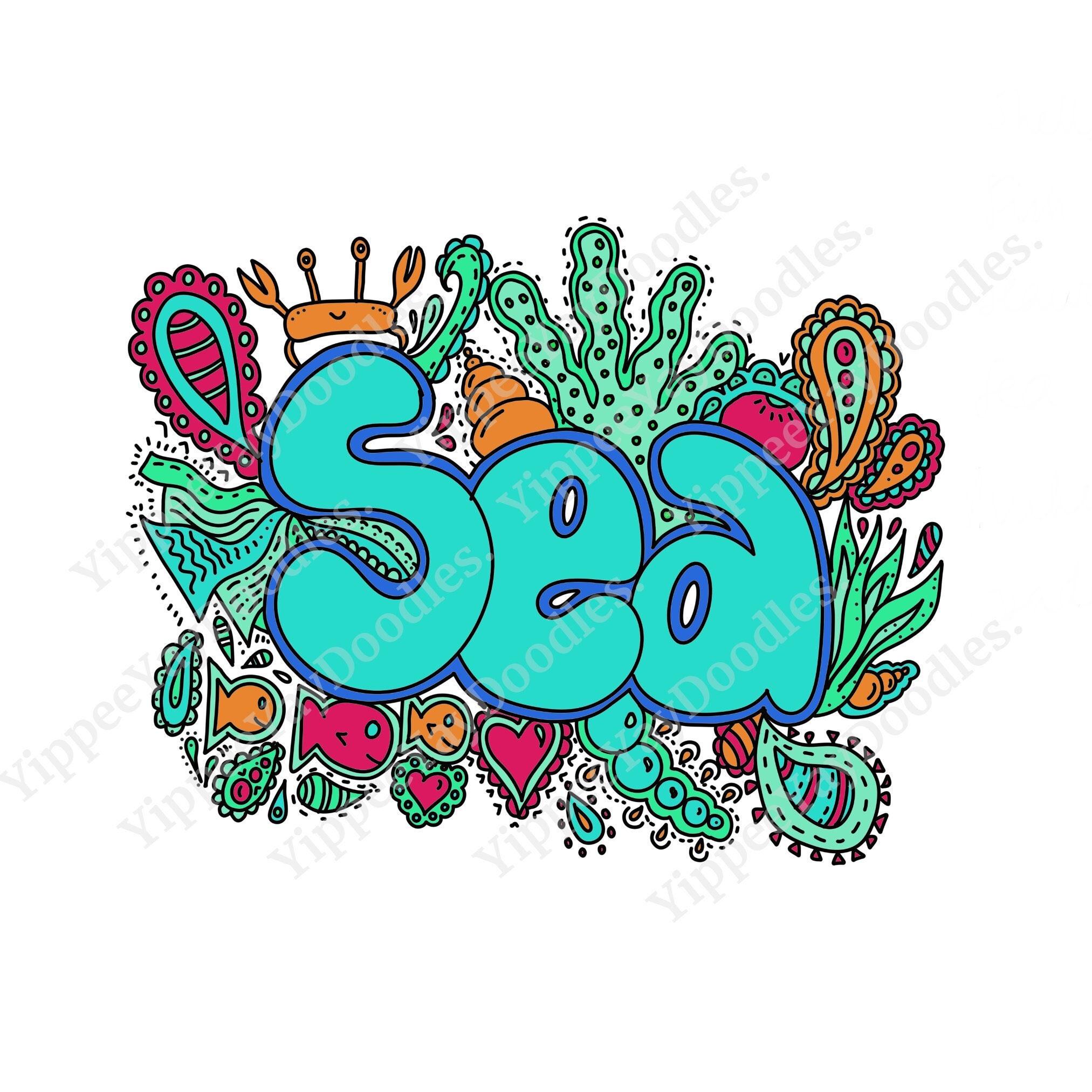 Sea Doodle PNG Instant Digital Download (black & White), Sea Wall Art ...