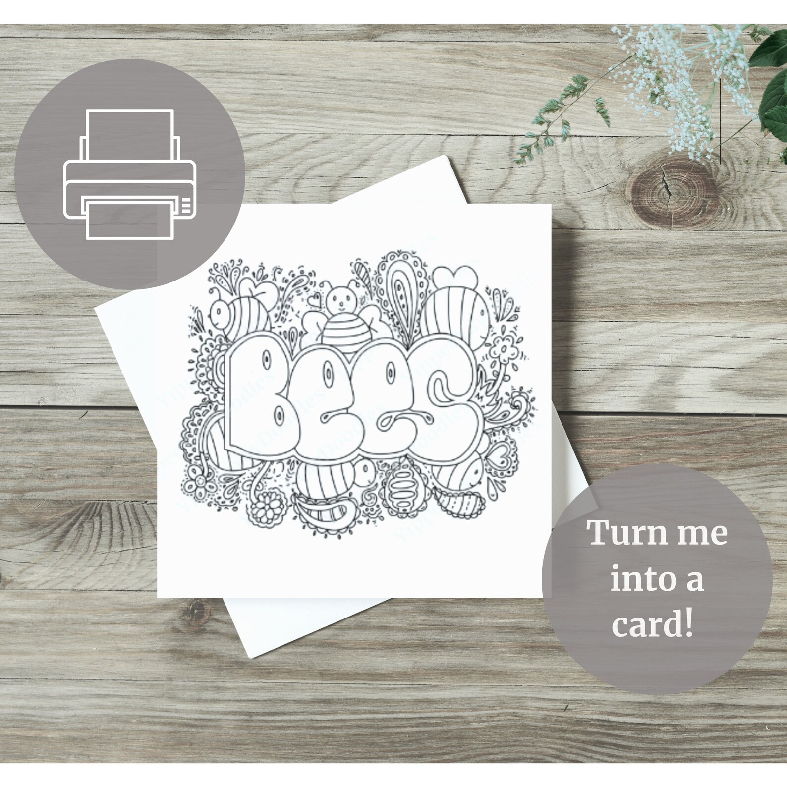 Bees Doodle Black & White PNG Digital Download, Bee Wall Art, Bees Card ...