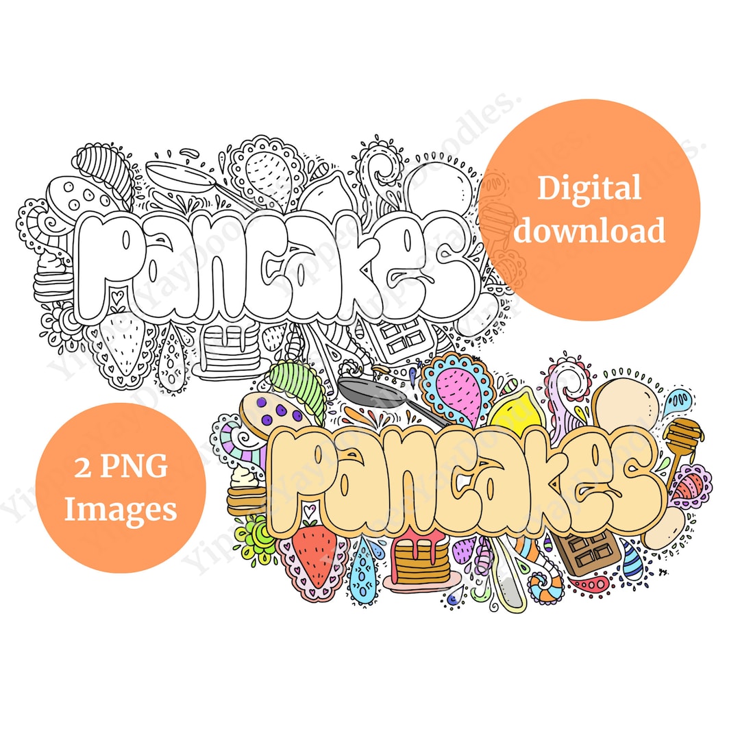 Pancakes Doodle Bundle: 2 PNG Instant Digital Downloads (1 Coloured, 1 ...